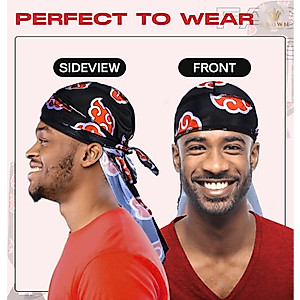 Red Clouds Silky Durag - Black Designer 360 Wave Du Rag with Long Wide Tails and Quadruple Stitching - Smooth Silk Fabric for Comfort Compression (Akat Black)
