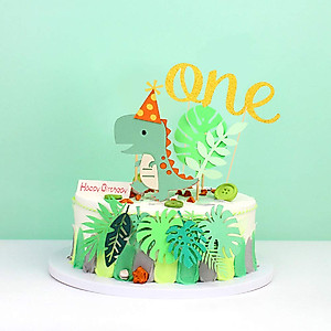 LaVenty Gold Dinosaur First Birthday Decoration Dinosaur One Cake Topper Dinosaur 1st Birthday Cake Topper for Boy Dinosaur Birthday Party Decoration