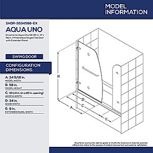 DreamLine Aqua Uno 56-60 in. W x 58 in. H Frameless Hinged Tub Door with Extender Panel in Brushed Nickel, SHDR-3534586-EX-04