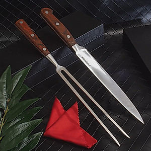 FOXDISK 2 Piece Carving Knife and Fork Set, Carving Set for Barbecue, Cutting Meat and Turkey, Stainless Steel Camping Cooking BBQ Cutter Carving Fork with Gift Box - Wooden Handle