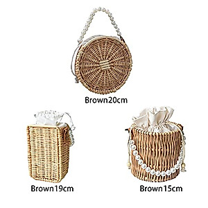 Mokyler Pearl Rattan Handbag Beach Rattan Bag, Cute Handwoven Straw Pearl Handle Brown Basket Wedding Flower Girl Baskets White Polyester Insert Portable Storage Basket for Party Decor, 5.9x5.9 inch