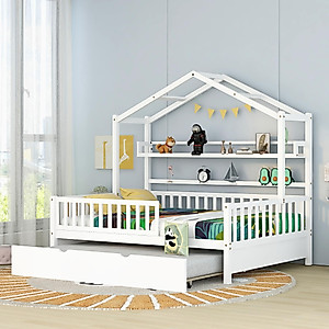 Bellemave Wooden Full Size House Bed with Trundle,Kids Full Playhouse Platform Bed Frame with Storage Shelves,Montessori Be for Kids Teens Girls & Boys (White)