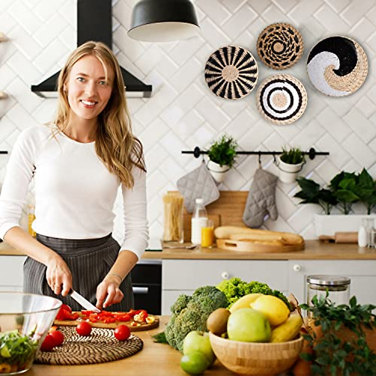 Wicker Wall Basket Decor Set of 4 - Black, Brown & White - Woven Boho Macrame Wall Hanging - Hook Attached for EASY Hanging - Wall Hanging Decor for Farmhouse Style