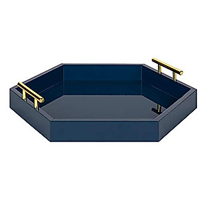 Kate and Laurel Lipton Hexagon Decorative Tray with Polished Metal Handles, Navy Blue and Gold