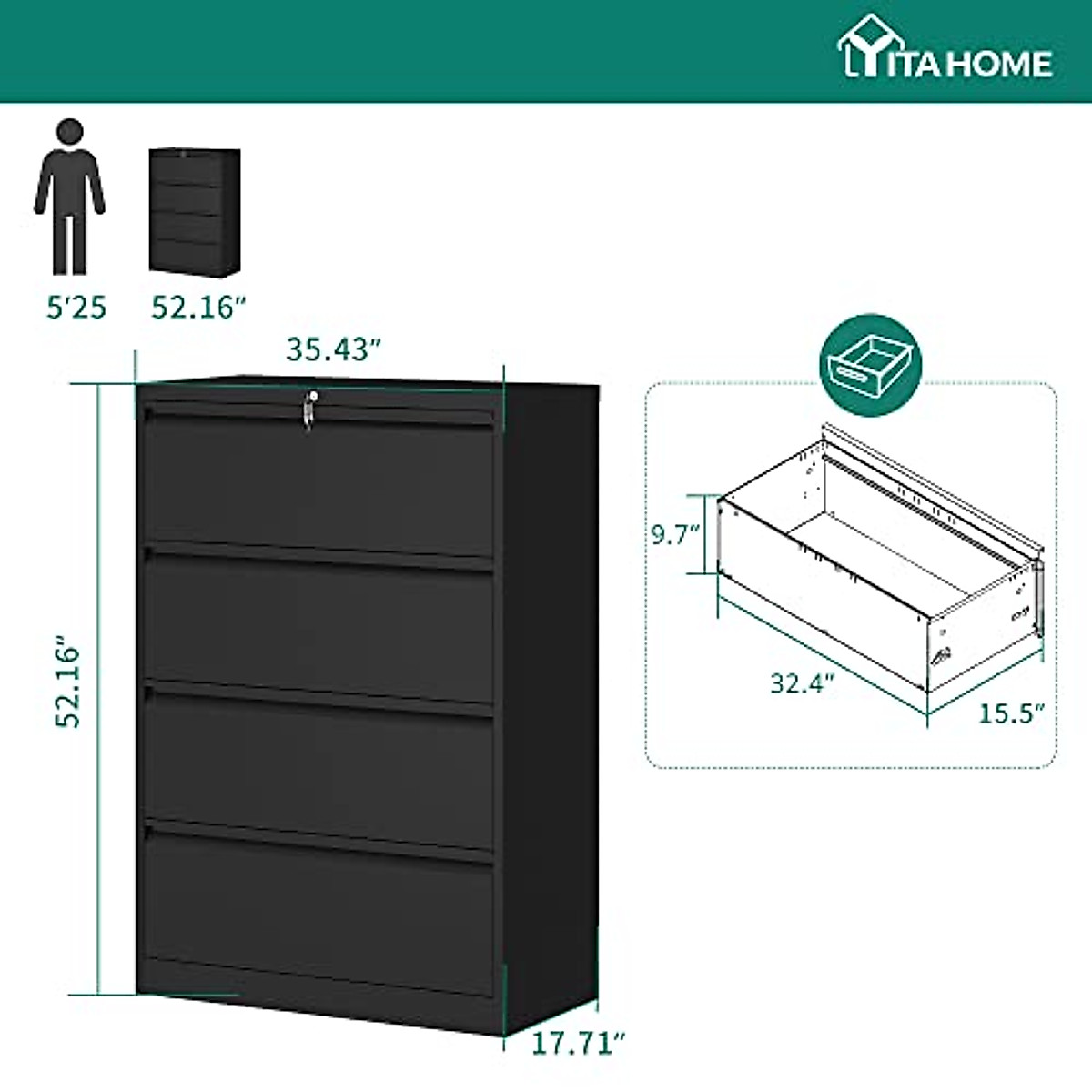 YITAHOME Lateral Filing Cabinet with Lock, 4 Drawer Metal Stainless Steel Wide Lateral File Cabinet for Legal/Letter A4 Size, Office Organizer Storage Cabinet (Black)