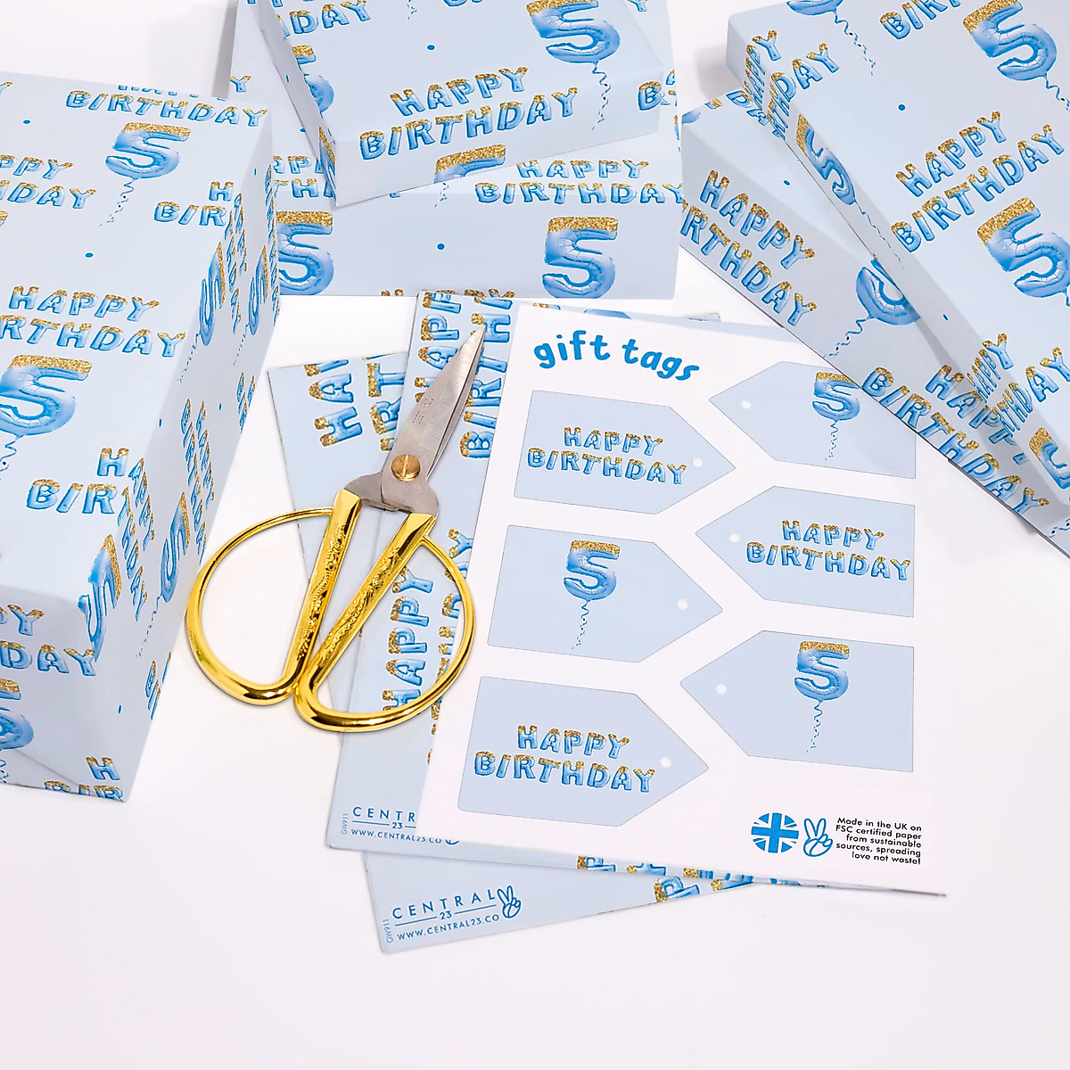 CENTRAL 23 Blue Wrapping Paper for Boys - Age Five - 6 Sheets Birthday Gift Wrap - Happy 5th Birthday Wrapping Paper - Comes With Stickers - Recyclable