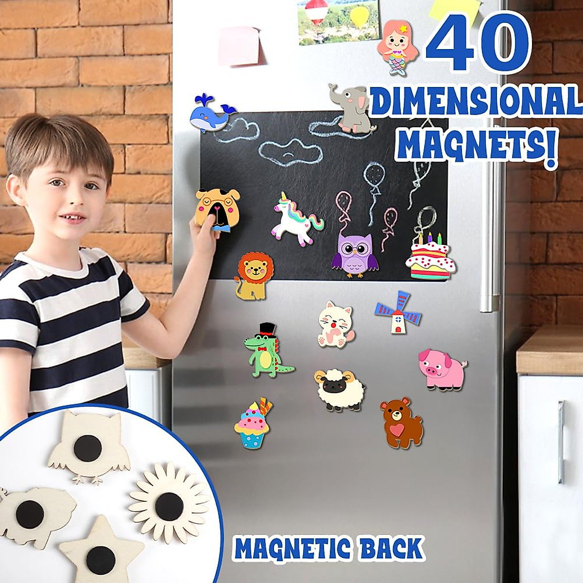 JOAOYO 40 Wooden Magnets DIY Wooden Art Painting Craft Kit for Kids Paint Your Own Wooden Magnets Arts and Crafts Supplies Party Favors for Kids Boys Girls Ages 4 5 6 7 8 9 10 11 12