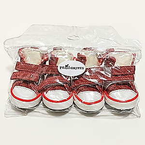 PETFAVORITES Pet Dog Puppy Running Shoes Outdoor Boots Nonslip Booties Canvas Sneaker for Small to Large Dogs Teacup Chihuahua Yorkie with Straps and Glow in The Dark, Pack of 4. (Red, Size 1)