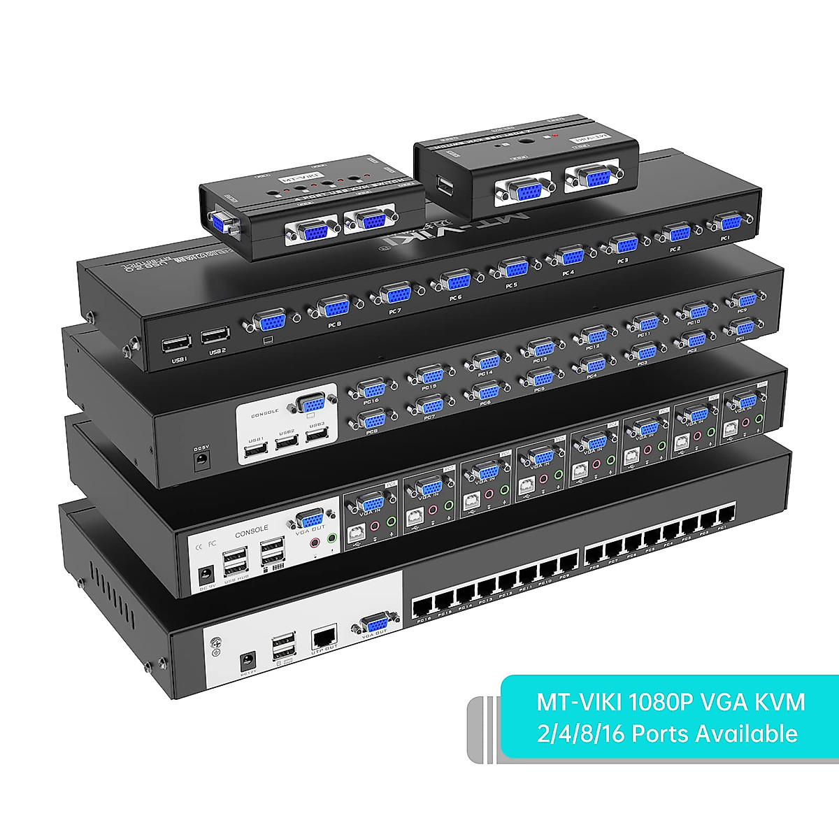 8 Port VGA KVM Console over CAT6, MT-VIKI CAT5E KVM Switch, 1U Rack Mount KVM Included 8 VGA to RJ45 KVM Dongles, Support Extended Distance UP to 230ft/70m by RJ45 Cable