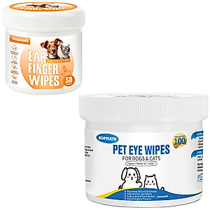 Kopmath Ear Care Finger Wipes and Dog Eye Wipes, Tear Stain Remover for Dogs, Big & Thick Cat Eye Wipes, Mild Ingredient, Texturized & Presoaked Pet Eye Cleaner Pad, Mint Flavor & Unscented，150Ct