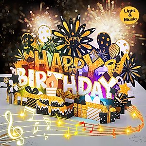 BYKOOO Birthday Card | Musical Pop Up Birthday Cards w Light | LED Light & Play Happy Birthday Music Pop Up Card | Greeting Cards Gifts Birthday Gift for Him or Her | Black Gold (Music & Lighting)