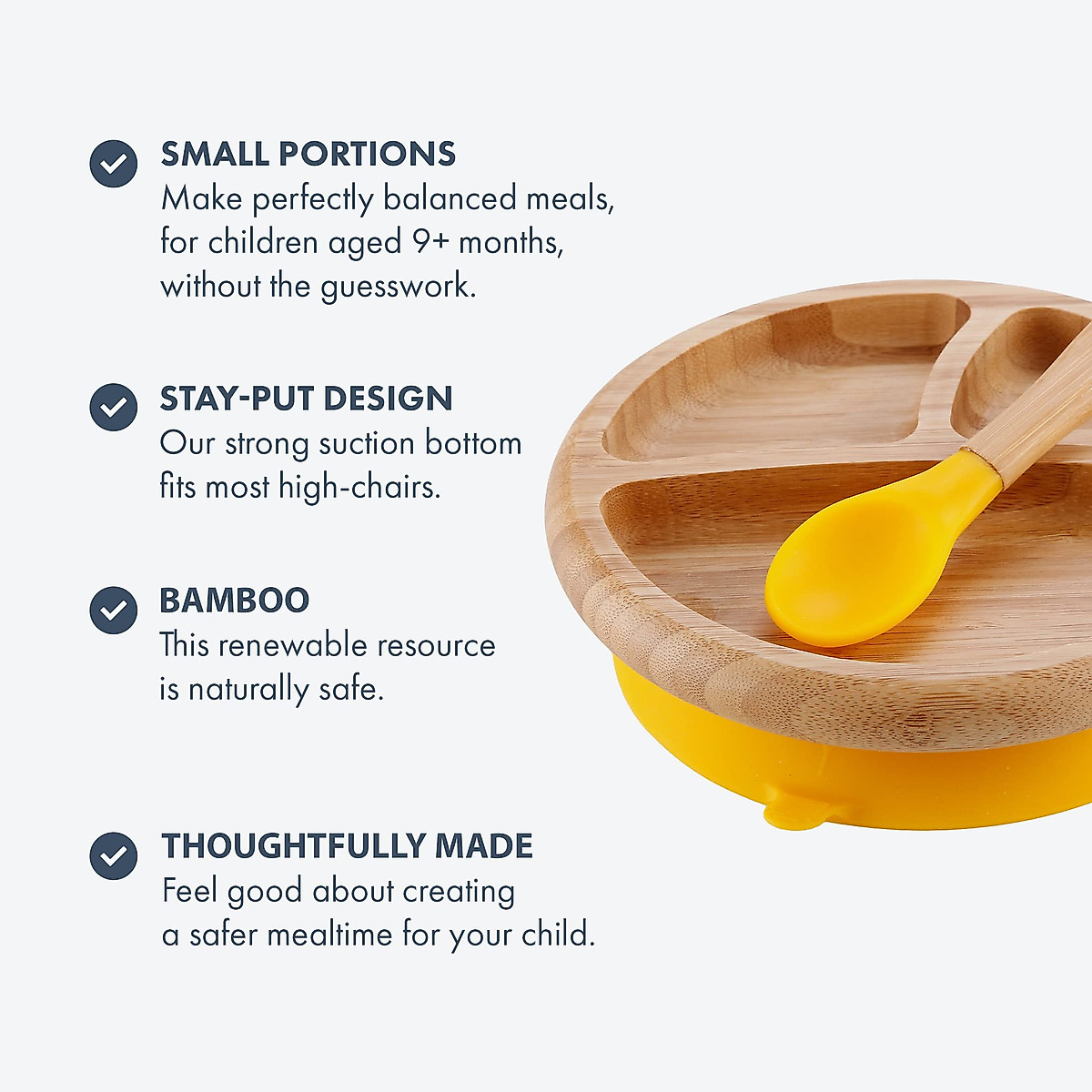 Maven Gifts: Avanchy Baby Feeding Gift Set – Bamboo Stay Put Suction Bowl with Spoon, Blue, and Bamboo Stay Put Suction 3-Section Plate with Spoon, Blue– Ages 6 Months and Up