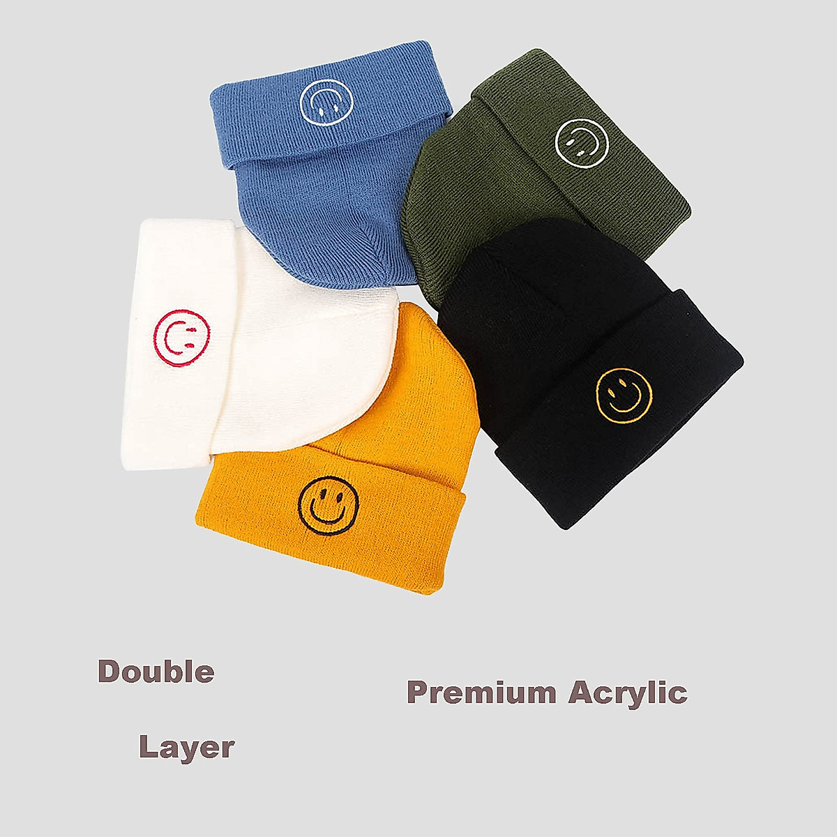 AJG Beanie Hats for Men,Unisex Smile Face Embroidered Acrylic Soft Warm Winter Cuffed Knit Hats for Women (B-Black & White (2 Pack))