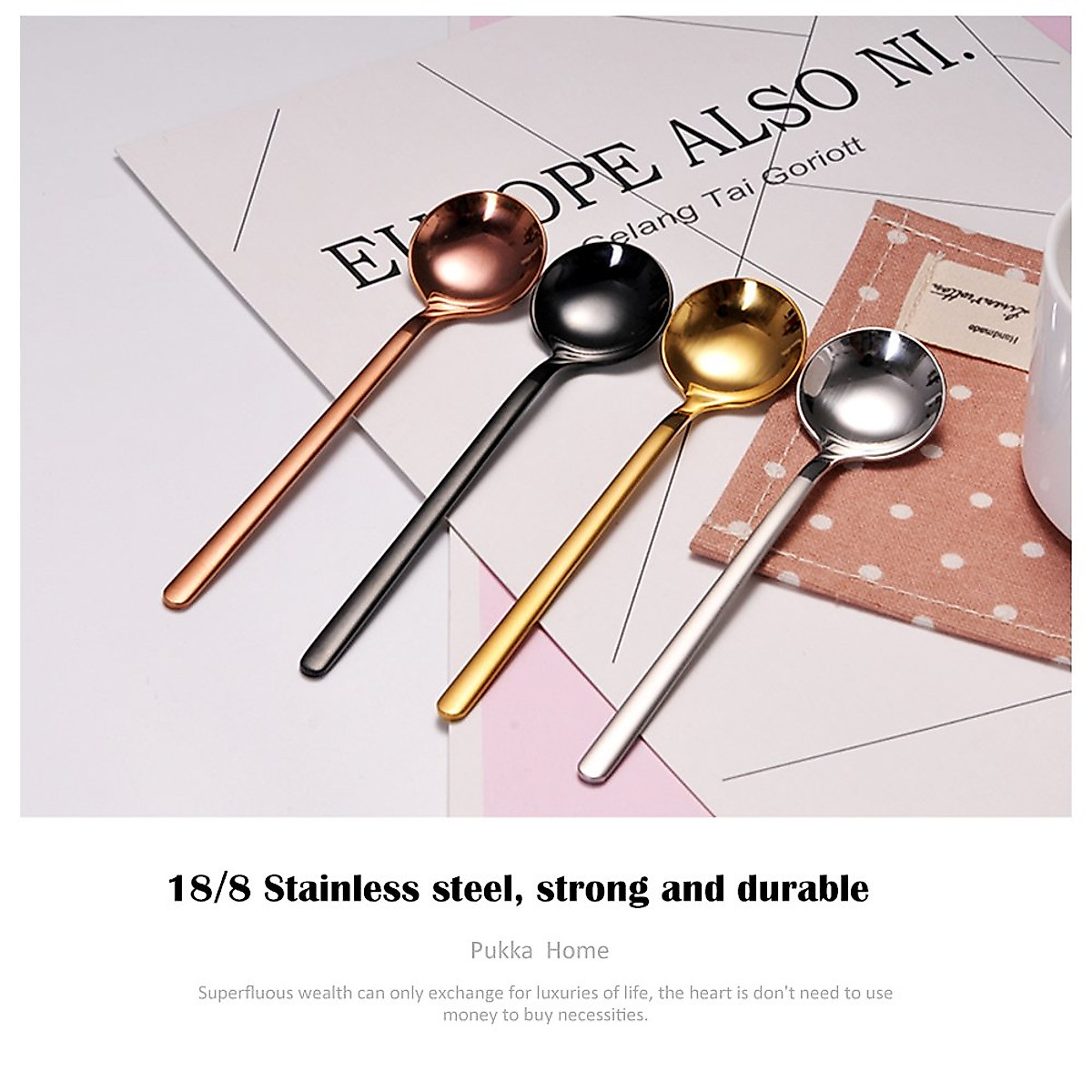 Sweejar 6-Piece Espresso Spoons 18/8 Stainless Steel Porcelain Espresso Cups with Saucers, 2.5 Ounce Stackable Cappuccino Cups