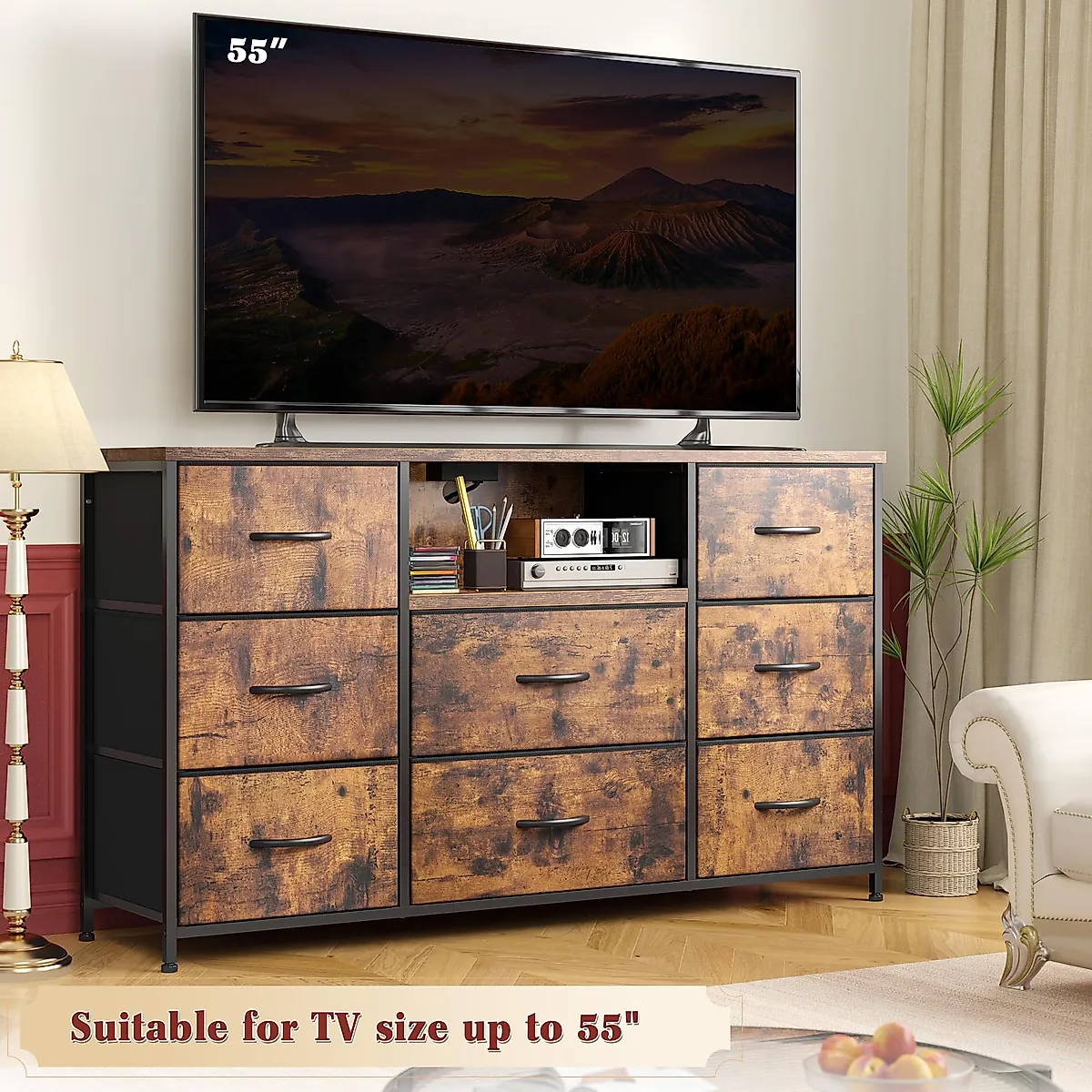 Dresser for Bedroom with Power Outlets, 55" TV Stand Dresser with 8 Drawers, Fabric Dressers & Chest of Drawers for Living Room, Entryway, Rustic Brown