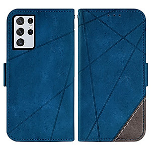 Compatible with Samsung Galaxy S21 Ultra 5G Wallet Case and Tempered Glass Screen Protector Wrist Strap Leather Flip Card Holder Stand Cell Phone Cover for S21ultra 21S S 21 21ultra G5 Women Men Blue