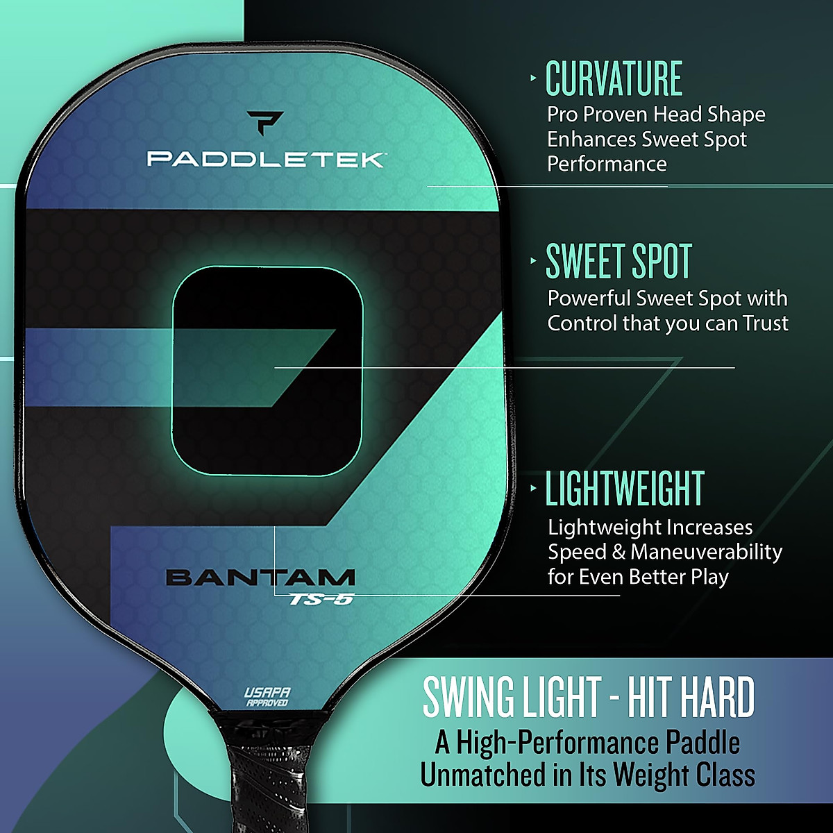 Paddletek Bantam TS-5 Pickleball Paddle | Professional Pickleball Paddles with Honeycomb Core, Textured Fiberglass Epoxy Hybrid Surface, Bantam PolyCore & High Tack Performance Grip | USAPA Approved