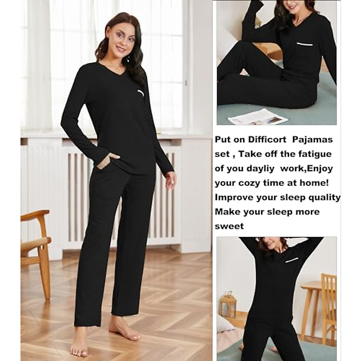difficort Womens Pajama Sets Long Sleeve Soft Casual Sleep Loungewear Sleepwear with Pockets,Black,Medium