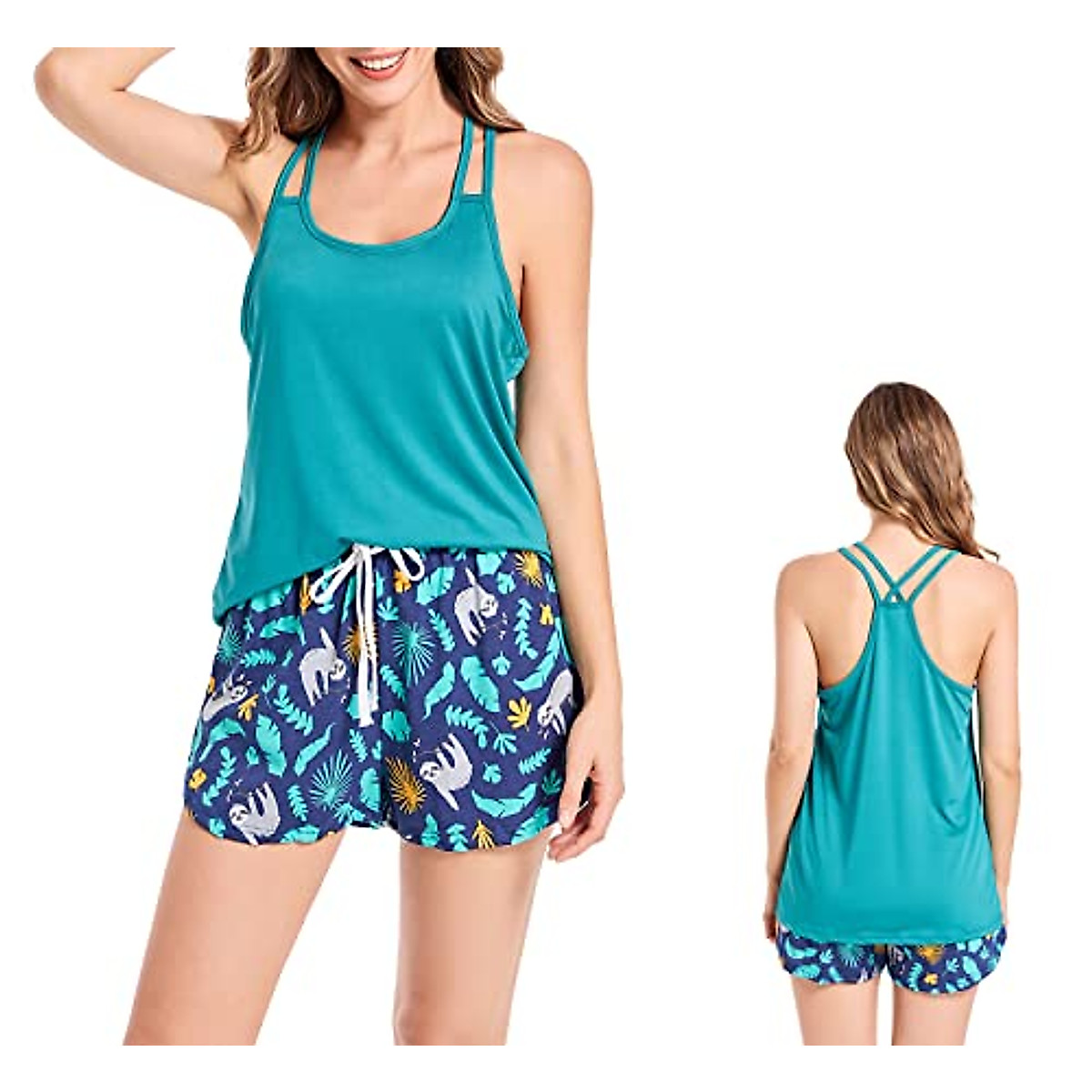 CHUNG Women Camisole Top Shorts Bottom Pajamas Set Loungewear Sleepwear Tank Cross Back,GreenSloth,XL