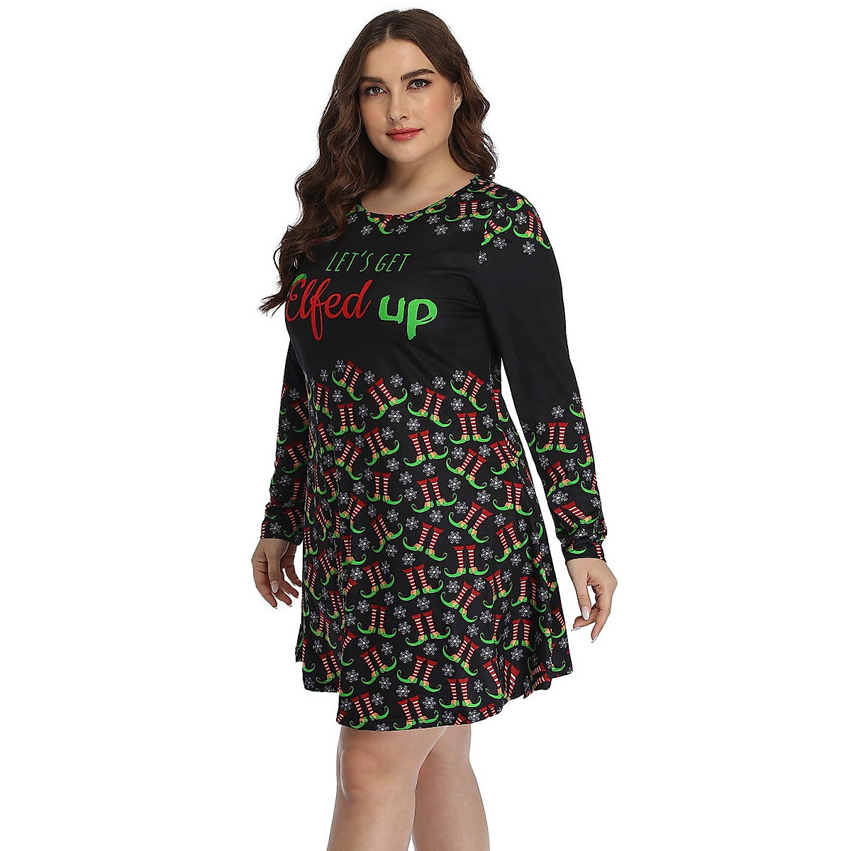 HDE Womens Plus Size Party Dress Ugly Christmas Long Sleeve Skater Dress Elfed Up - 2X