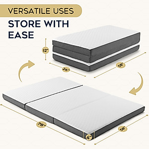Tri Folding Mattress with Memory Foam Layer - 4 Inch Trifold Foldable Bed Mattress with Washable Cover | Queen Size 78" x 58" x 4" Non-Slip Bottom Camping Floor Mattress Perfect Guest Bed