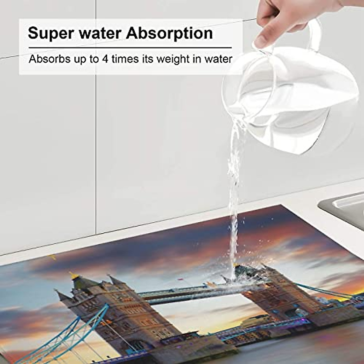 Historic Old Tower Bridge London Printed Drying Mat For Kitchen Ultra Absorbent Microfiber Dishes Drainer Mats Non-Slip Silicone Quick Dry Pad - 18 X 16inch