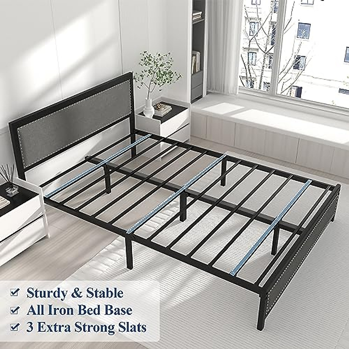 VECELO Queen Size Bed Frame with Linen Fabric Headboard and Footboard, Heavy-Duty Platform with Strong Steel Slats, No Box Spring Needed, Easy Assembly, Grey