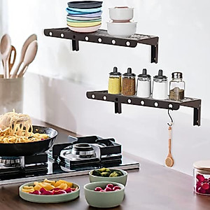 Sedesbon Floating Shelves Set of 2, Metal Shelves, Wall Mounted Shelves, Metal Panels, Folding, for Living Room, Kitchen, Bathroom, Garage, Brown with Hooks.