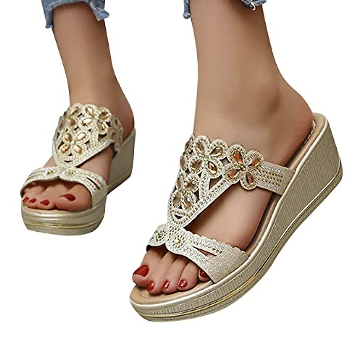 Aniywn Rhinestones Slides Sandals for Women Summer Open Toe Breathable Sandals Slip On Platform Wedge Casual Shoes