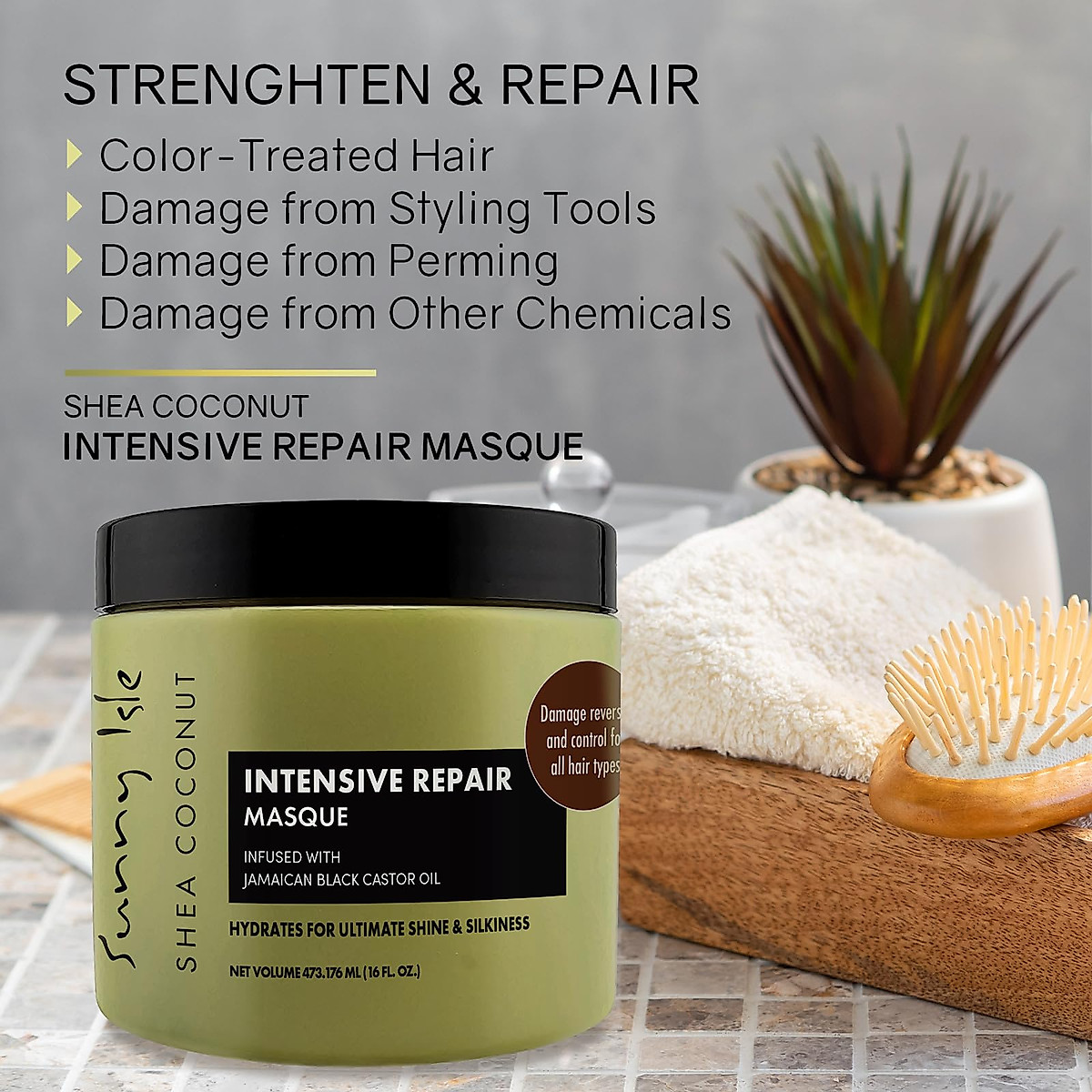 Sunny Isle Shea Coconut Moisturizing Shampoo and Conditioner 12oz, Intensive Repair Masque 16oz, Extra Dark JBCO 2oz (4-Piece) Bundle | Deep Hydration - Curly Wavy Coils