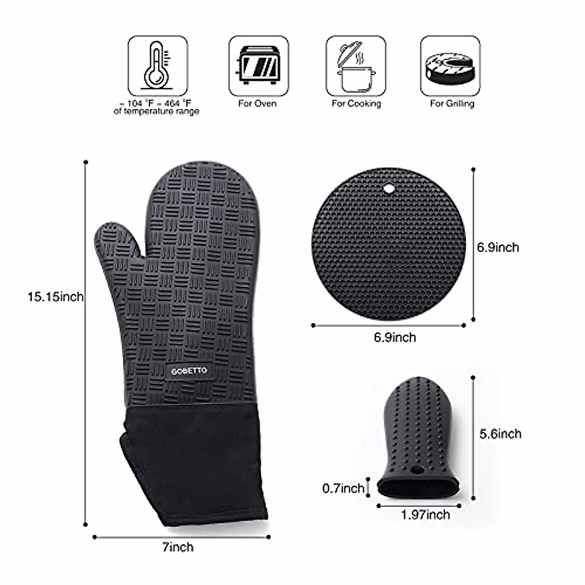 GOBETTO 6-Piece Silicone Oven Mitts and Pot Holders Sets, 15-inch Extra Long Heat Resistant Oven Gloves with Cast Iron Handle Cover Holders and Hot Pads for Kitchen Cooking Baking Grilling (Black)