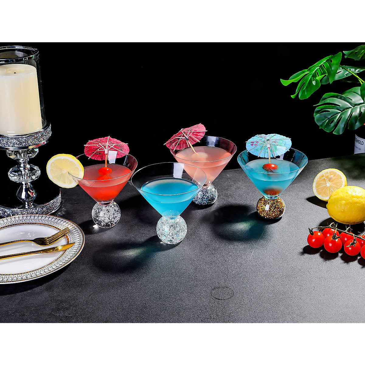 Dounx Set of 4 Stemless Martini Glasses, 8oz Margarita Glasses for Men and Women, Ultra-Thin Rim, Lead-Free Glass, Silver Rhinestone-Filled Spherical Base, Reusable