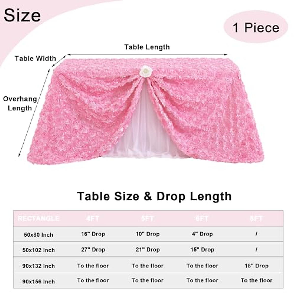 Baby Shower Tablecloth 50x102 Inches Pink Tablecloth Rectangle Satin Overlay Rosette Tablecloth 3D Floral Tablecloth for Wedding Party Event