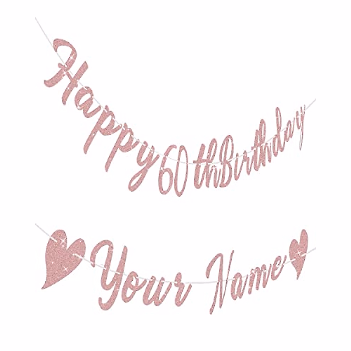 TopBashGo 102 Pcs Personalized Happy 60th Birthday Banner with Custom Name in Rose Gold Script, Bday Party Decorations Supplies Reusable Signs for Women