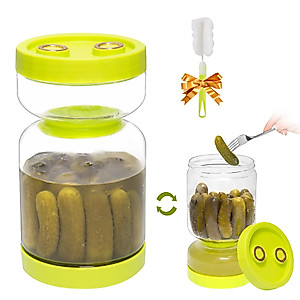 Glass Pickle Jar with Strainer Flip and Brush - 49oz Wide Mouth Hourglass Pickle Container for Wet and Dry Pickle Juice, Pickle Jar with 2 Leak Proof Airtight Lids, Time Recorder Jar, PicFood Storage