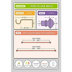 Ivilon Window Treatment Curtain Rod - Square Finials, 1 1/8 in Rod, 72 to 144 Inch, Antique Black