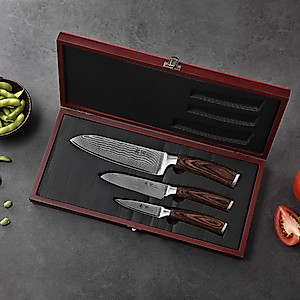 Wakoli Damascus Kitchen Knife Set, 3 Pieces Professional Chef Knife Set made from 67 Layers Damascus Steel with VG10 Core, Knives Set for Kitchen with Pakkawood Handles in Wooden Gift Box (EDIB 3-pcs)