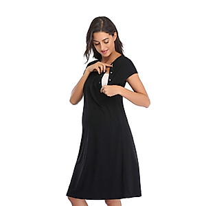 Soanhoo 3 in 1 Nursing Dress Maternity Nightgown Labor/Delivery Breastfeeding Birthing Gown with Button,Black,XL