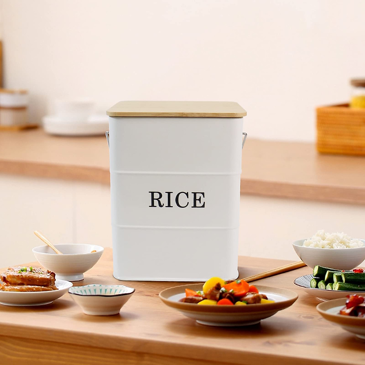 Gdfjiy Rice Container Metal Rice Storage Bin, Rice Storage Box with Airtight Bamboo Lid & Scoop, Food Storage Container for Rice Flour Soybean Grain Cereal (Cream White)