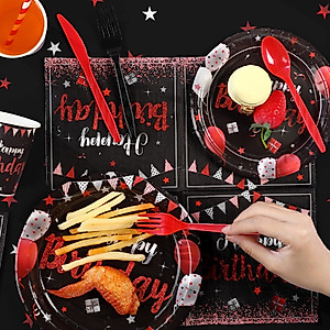 Capoda Birthday Party Supplies Happy Birthday Tableware Set Confetti Starry Tablecloth Plates Cups Napkins Dinnerware for Kids Adults Party Supplies Decor(Red and Black)