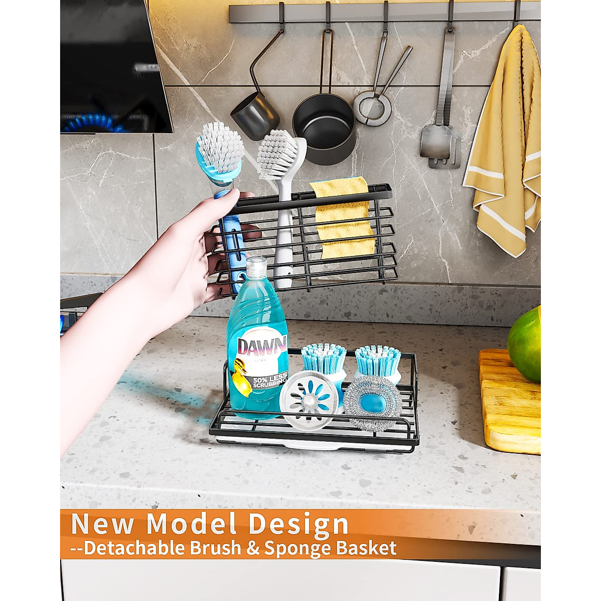 SWTYMIKI Sink Caddy Kitchen Sink Organizer, Large Capacity Sink Sponge Caddy with Pull-Out Drainage Tray Rustproof Kitchen Sponge Holder with Detachable Basket for Sponge and Brush, Black