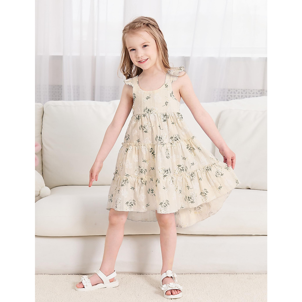 Hipea Toddler Girl Dress Ruffle Halter Floral Princess Dress Summer Beach Bohemian Casual Sundress Toddler Dress Apricot 5-6Years