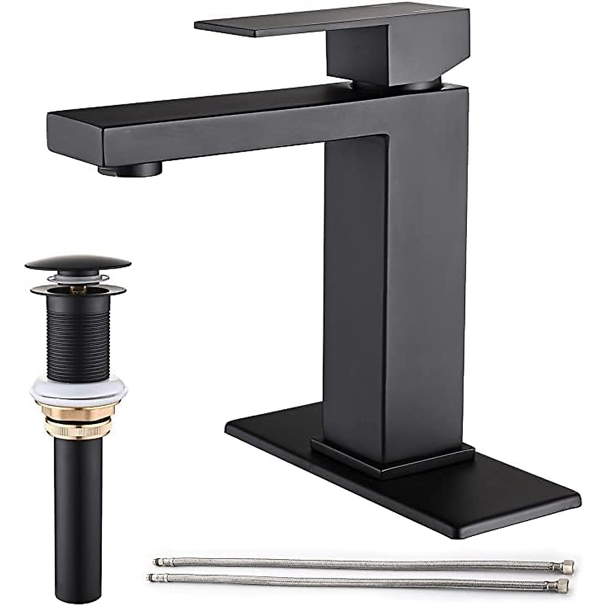 AVSIILE Matte Black Bathroom Faucet, Single Hole Vanity Bath Faucet, Single Handle Modern Stainless Steel Bathroom Faucets for Sink 1 Hole with Pop Up Drain Stopper & Water Supply Hoses