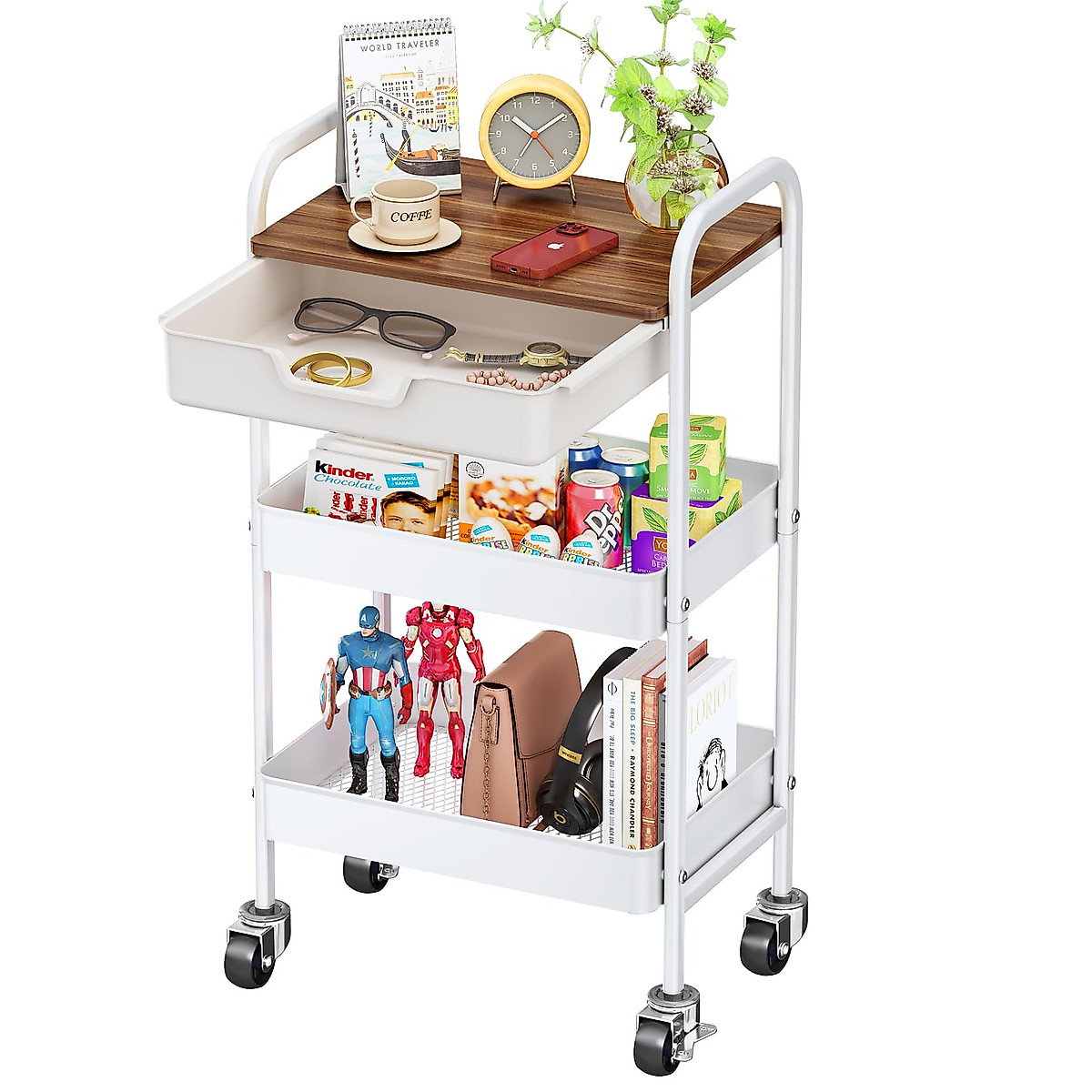 SNTD 3 Tier Rolling Utility Cart with Wheels - Storage Cart with Wood Table Top and Drawer, Metal Art Cart for Kitchen, Office, Classroom (White)