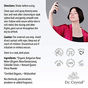 Rose Water for Face & Hair - CERES Certified Organic Rosewater. Facial Toner, Alcohol-Free Makeup Setting Hydrating Spray Mist. 100% Natural Anti-Aging Petal Rosewater by Dr.Crystal, 3.4oz Travel Size