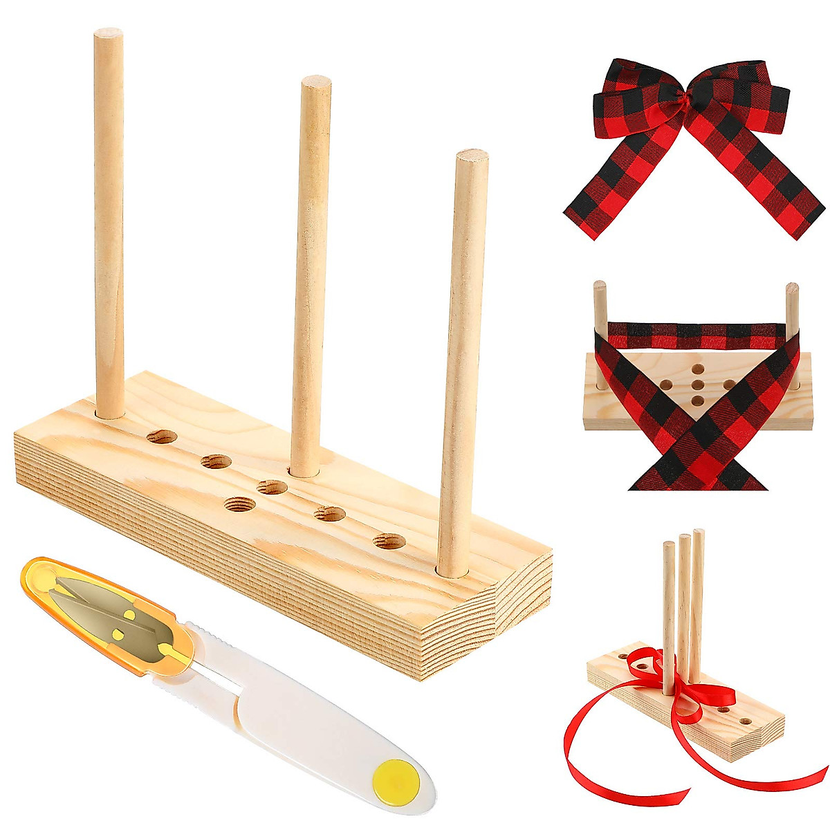 Bow Maker for Ribbon Wreath Wooden Bow Maker Tool with U-Shaped Scissors for Making Bows, Halloween Christmas Party Decorations, Hair Bows, Corsages, Holiday Wreaths, DIY Crafts