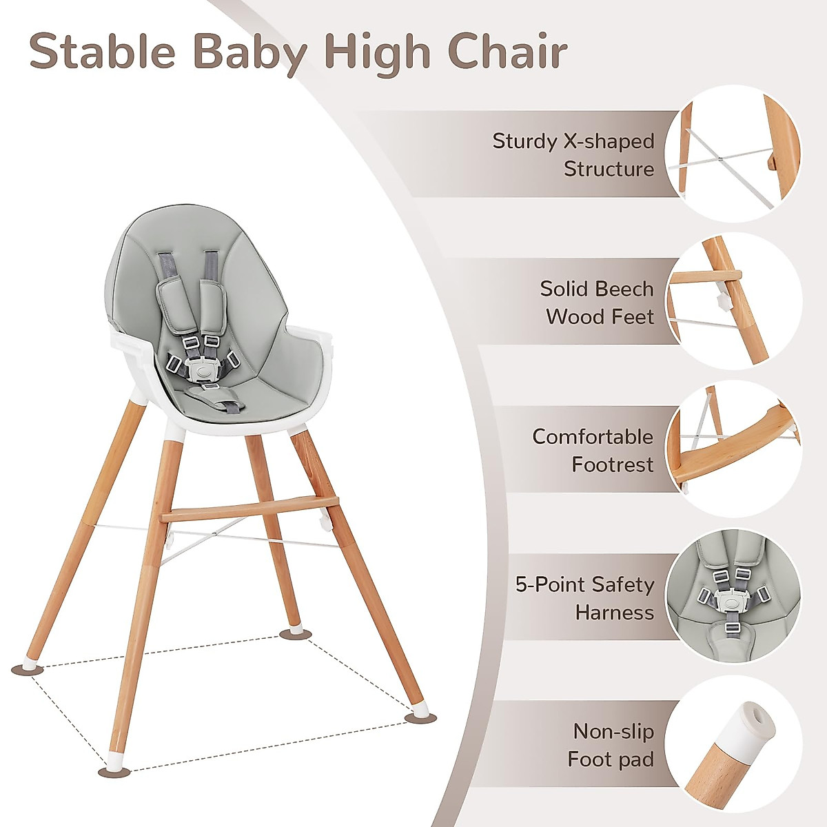 HONEY JOY Baby High Chair, Eat & Grow Beech Wooden Highchair for Babies and Toddlers, Removable Double-Layer Food Tray, 5-Point Harness, PU Cushion and Footrest for Infants Boys Girls (Gray)