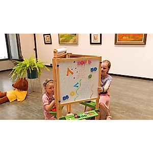 FLYING OLLY Deluxe Kids Art Easel(Solid Pinewood), Tri-Sided Toddler Easel w/Blackboard, Whiteboard& Chalkboard,1 Paper Roll, and Art Supplies(86-in-1 Set) for Toddler Kids 3-9 for Daycare, Kids Room