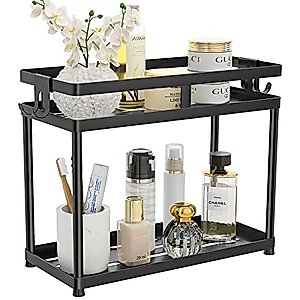 FLE Under Sink Organizer, 2 Tier Metal Under Bathroom Sink Storage Baskets with Hooks, Self Adhesive Black Under Sink Shelf Organizer for Bathroom Kitchen