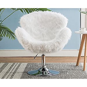 Kmax Faux Fur Accent Chair, Height Adjustable Plush Vanity Stool for Bedroom, Shaggy Dog Shell Chair for Dorm/Living Room, White